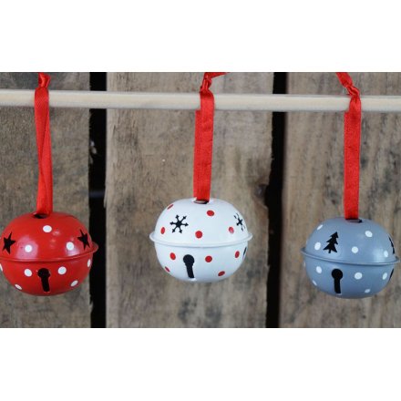 Red, Grey and White Hanging Bells, 6 Pack | | Christmas Decorations ...