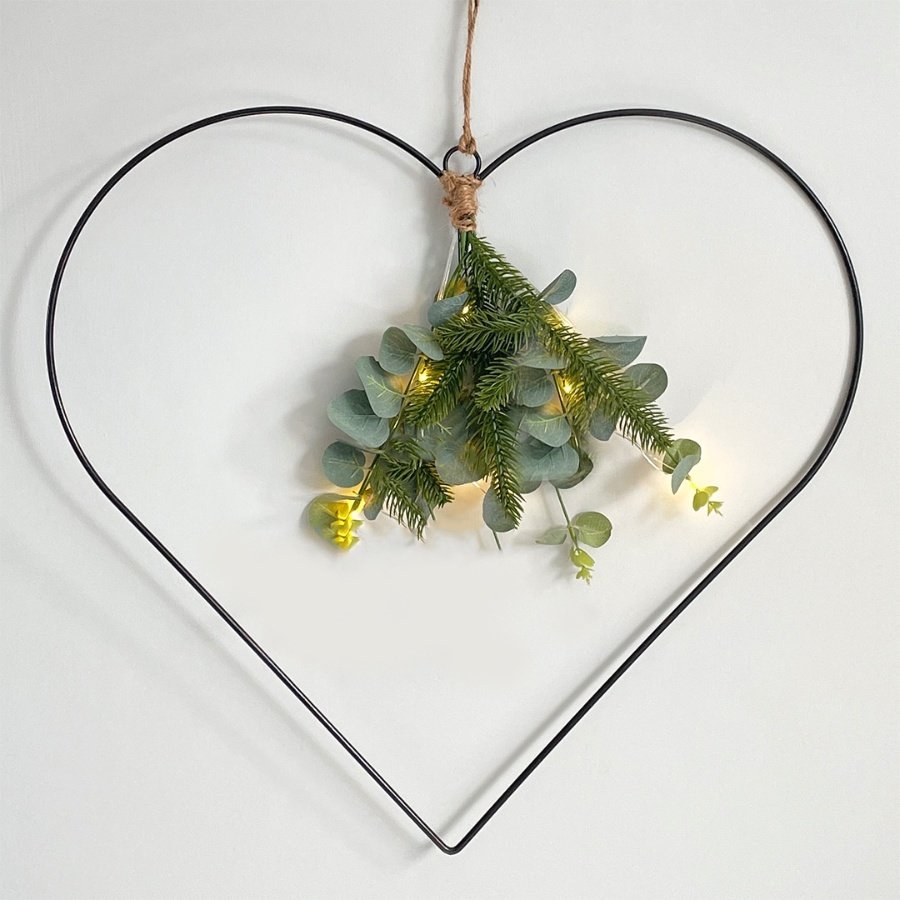 LED Black Wire Heart With Foliage, 50cm | 53571 | Christmas / Wreaths ...