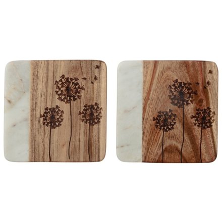 Wood & Marble Dandelion Coasters, Set of 2 | 61284 | Kitchen & Table ...
